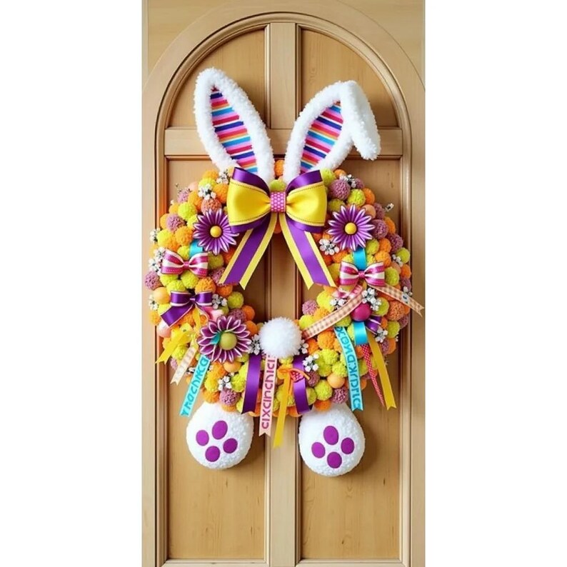 2D Easter Bunny Door Cover Banner, Egg Wreath Door Decoration ...