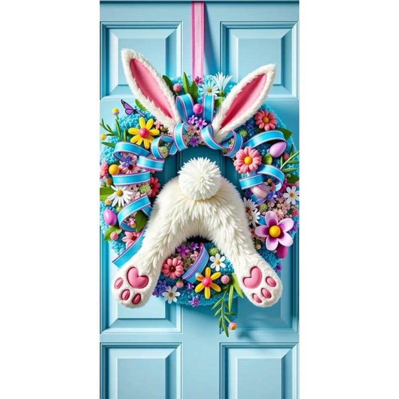 2D Easter Bunny Door Cover Banner, Egg Wreath Door Decoration ...