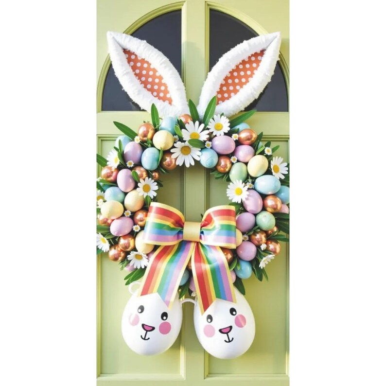 2D Easter Bunny Door Cover Banner, Egg Wreath Door Decoration ...