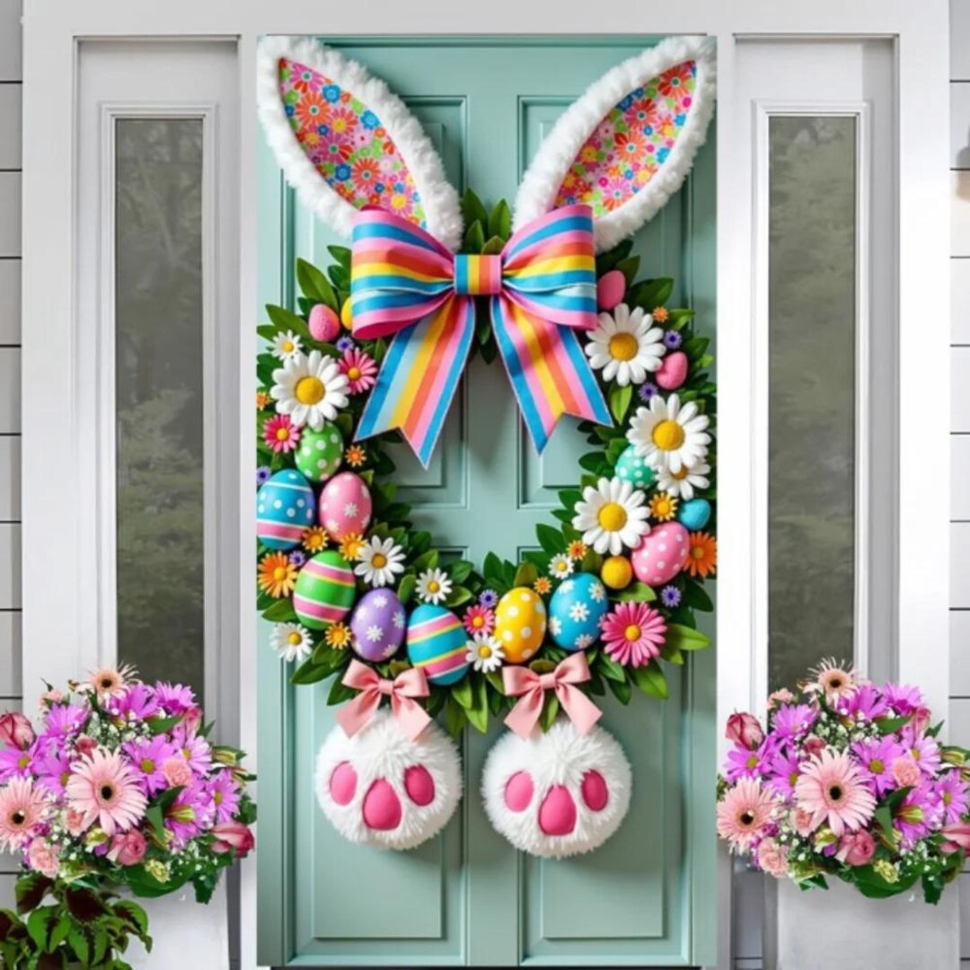 2D Easter Bunny Door Cover Banner, Egg Wreath Door Decoration ...