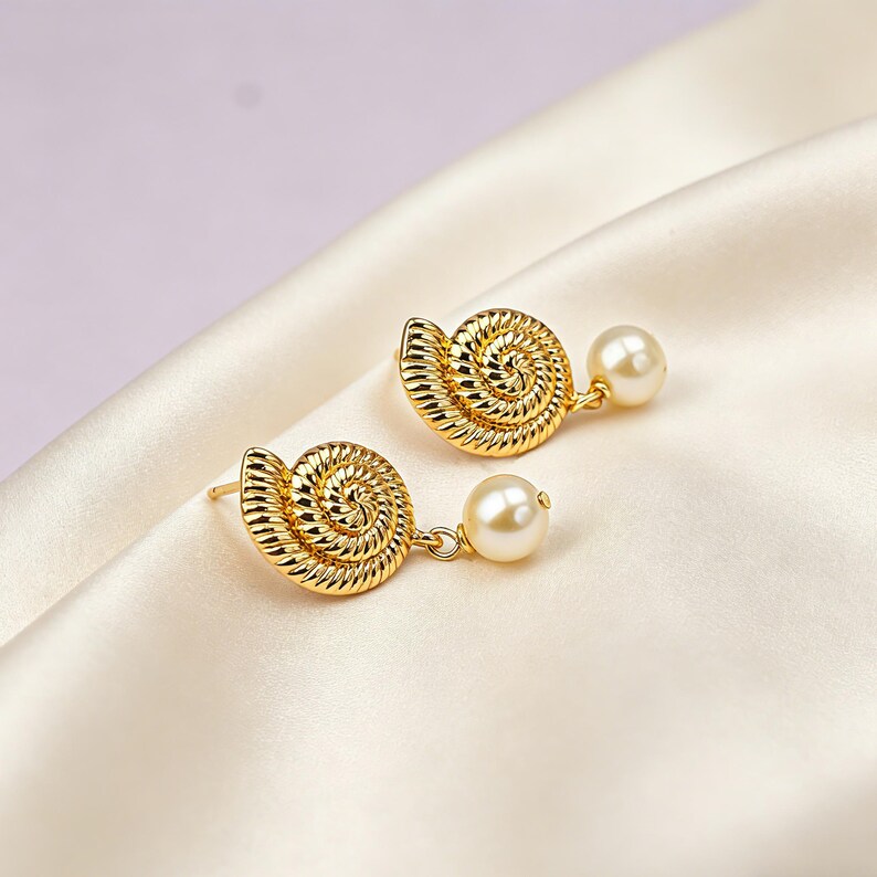 Snail Shell Freshwater Pearl Drop Earrings, Handmade Natural Pearl ...