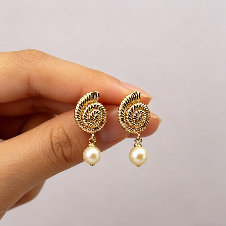 Snail Shell Freshwater Pearl Drop Earrings, Handmade Natural Pearl ...