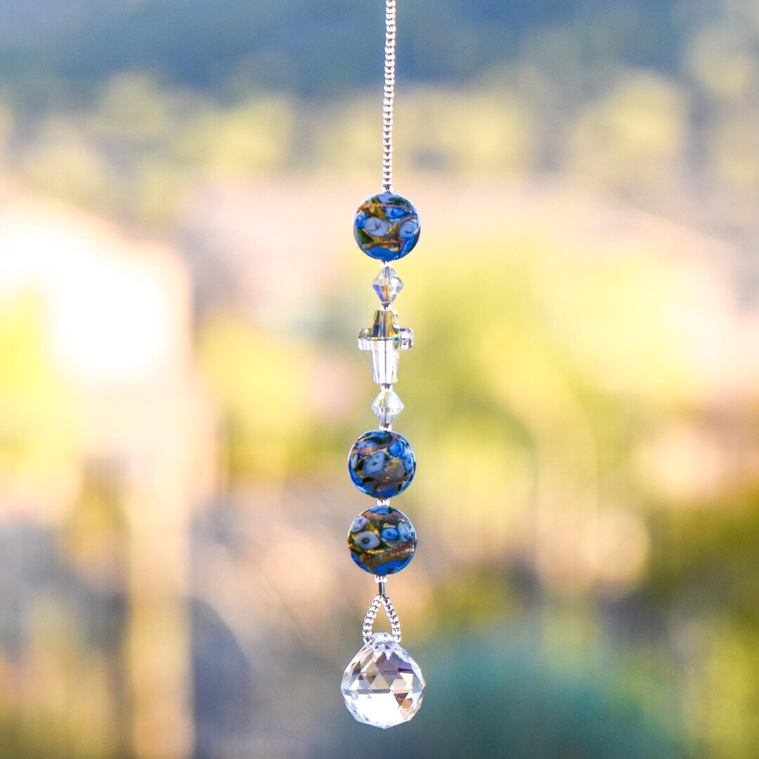 Small Sun Catcher With Blue and Gold Murano Glass Beads and Crystal ...