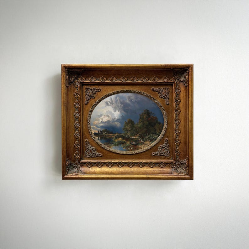 Atmospheric River Landscape Painting With Boat, Ornate Gold Leaf Frame ...