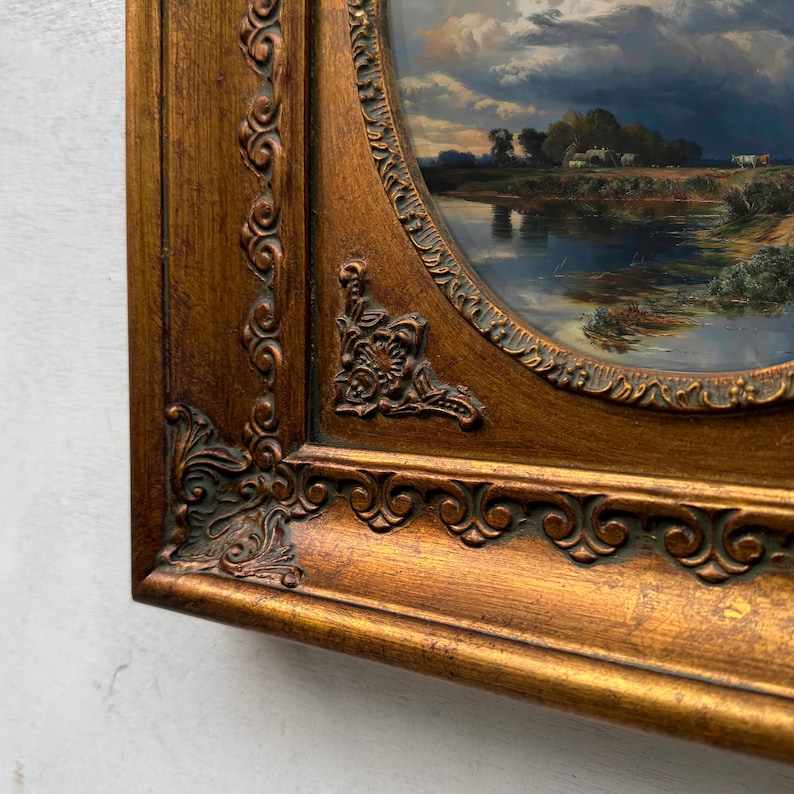 Atmospheric River Landscape Painting With Boat, Ornate Gold Leaf Frame ...