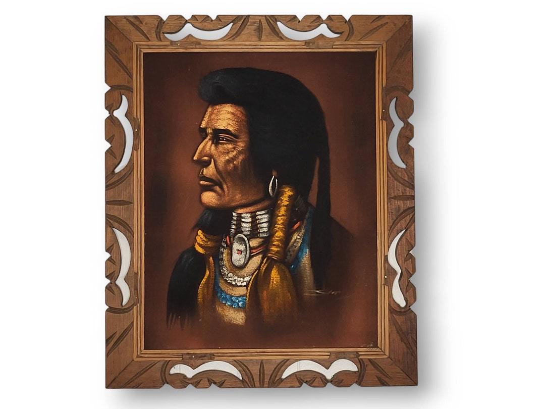 Vintage Black Velvet Painting, Native American Framed Art, Indian Chief ...