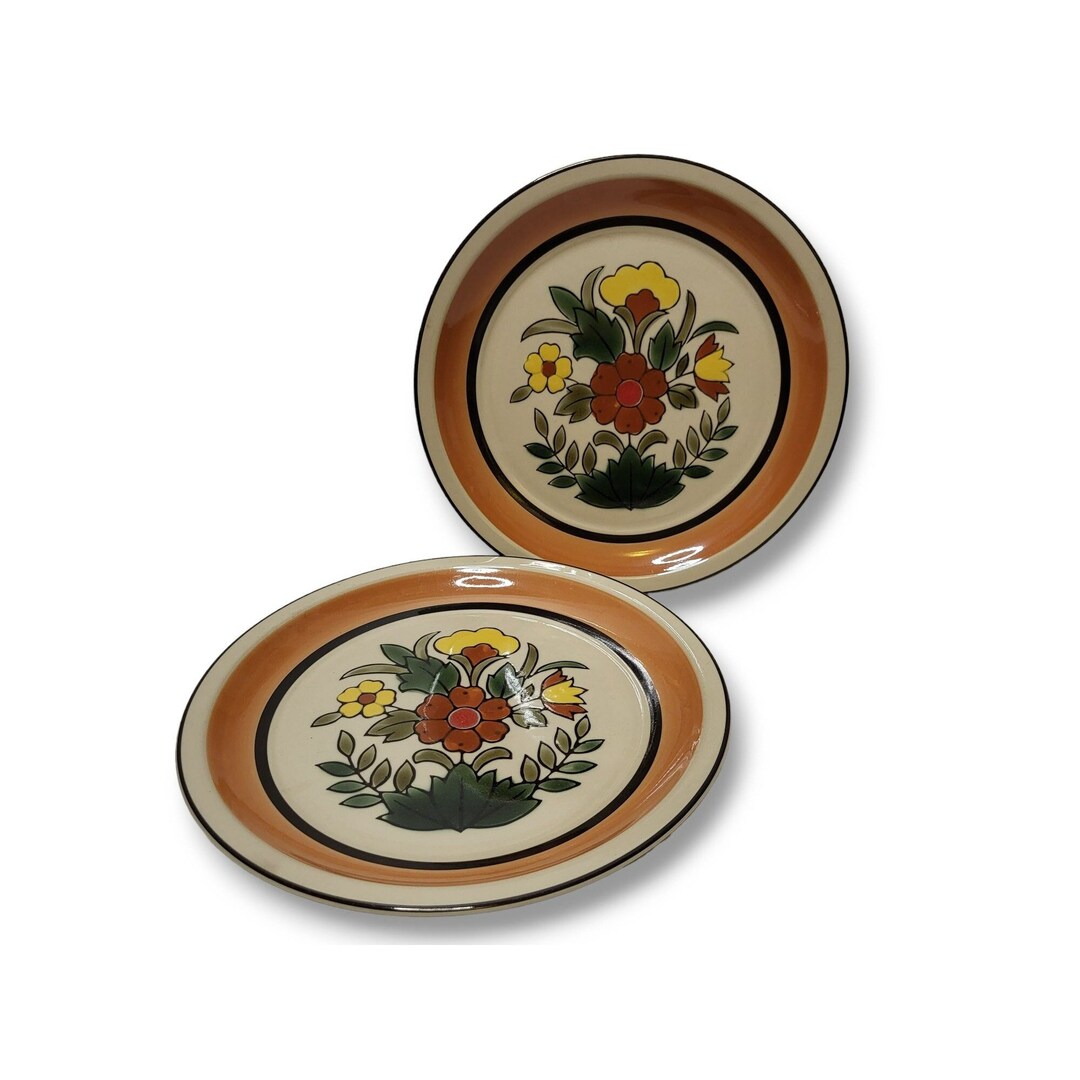 2 Vintage Momoyama Stoneware Plates, Yellow Green Brown Flowers, Floral ...