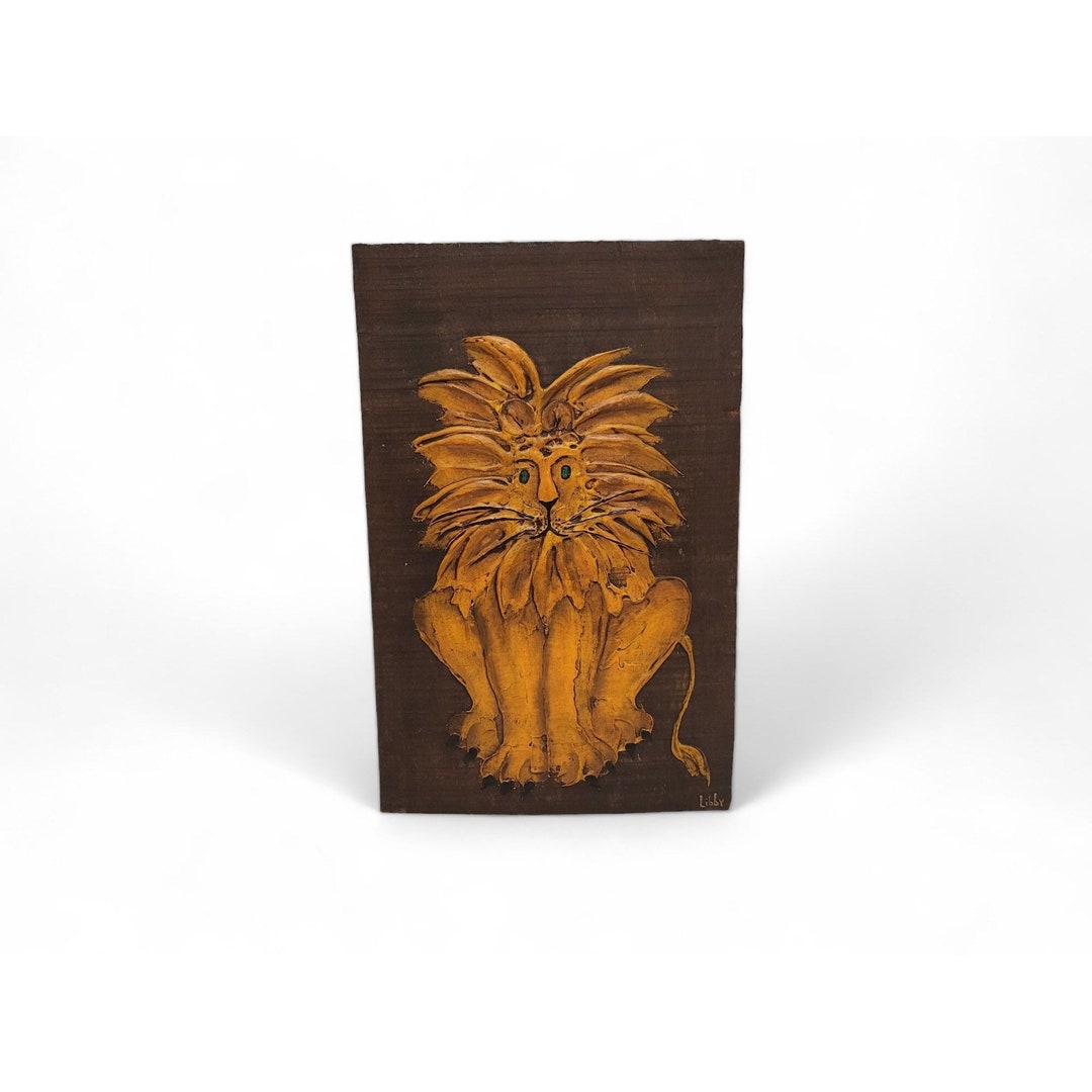 1970s Vintage Lion Folk Art Wall Decor, Danish Modern Hand Painted Mid ...