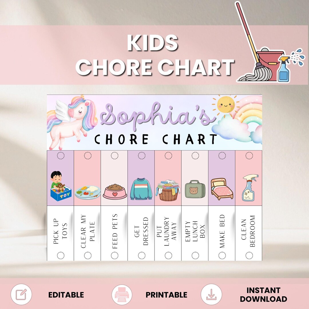 Unicorn Chore Chart for Kids, Printable Responsibility Chart, Visual ...