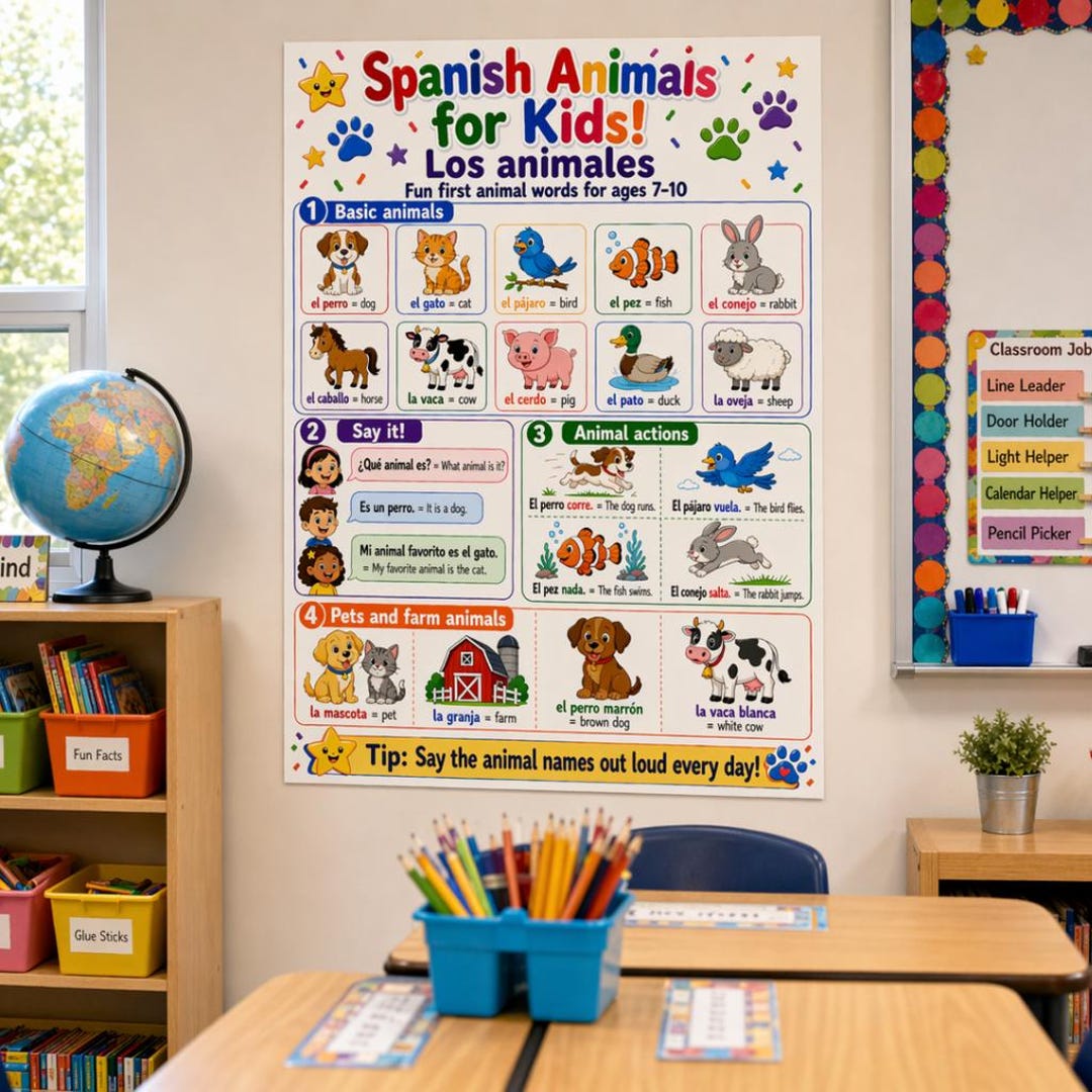 Spanish Animals Poster for Kids, Elementary Classroom Decor, Bilingual ...