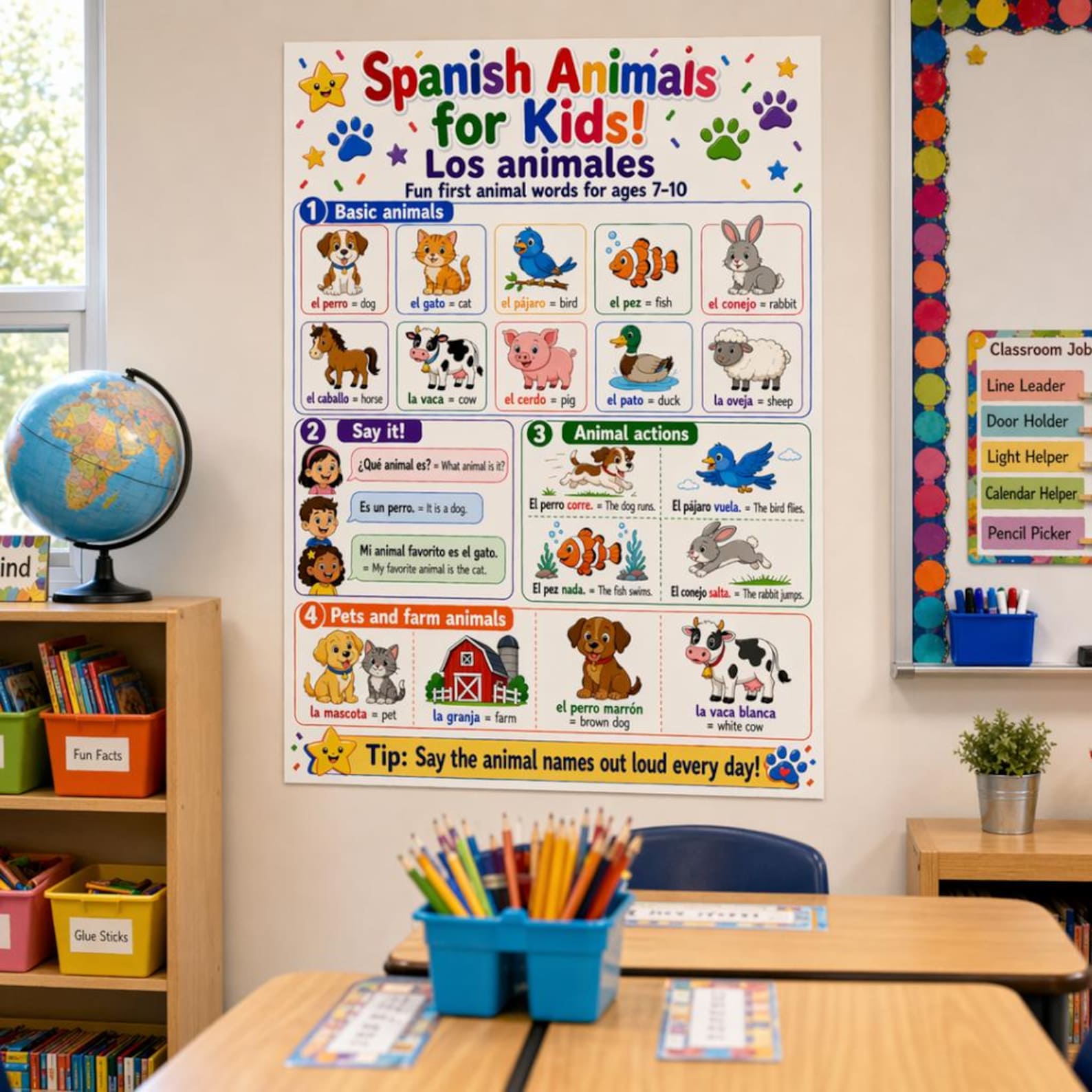 Spanish Animals Poster for Kids, Elementary Classroom Decor, Bilingual ...