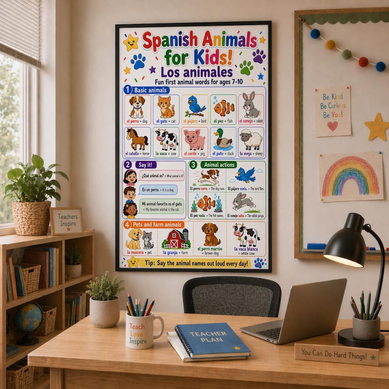 Spanish Animals Poster for Kids, Elementary Classroom Decor, Bilingual ...
