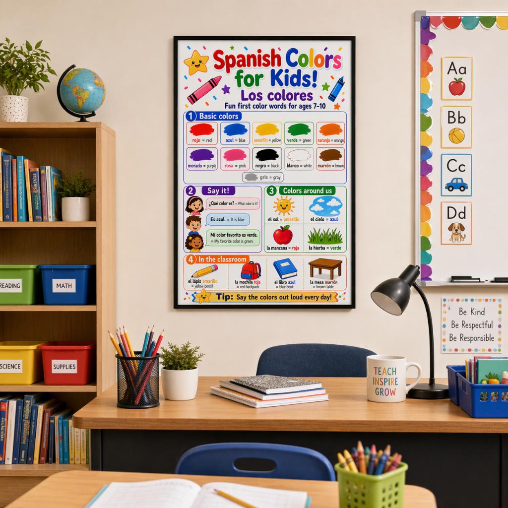 Spanish Colors Poster for Kids, Spanish Classroom Decor, Bilingual ...
