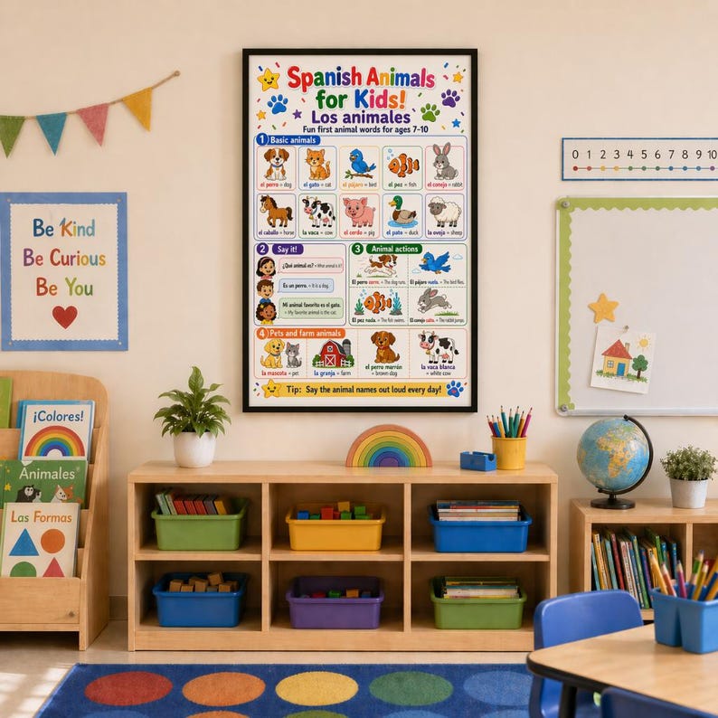 Spanish Animals Poster for Kids, Elementary Classroom Decor, Bilingual ...