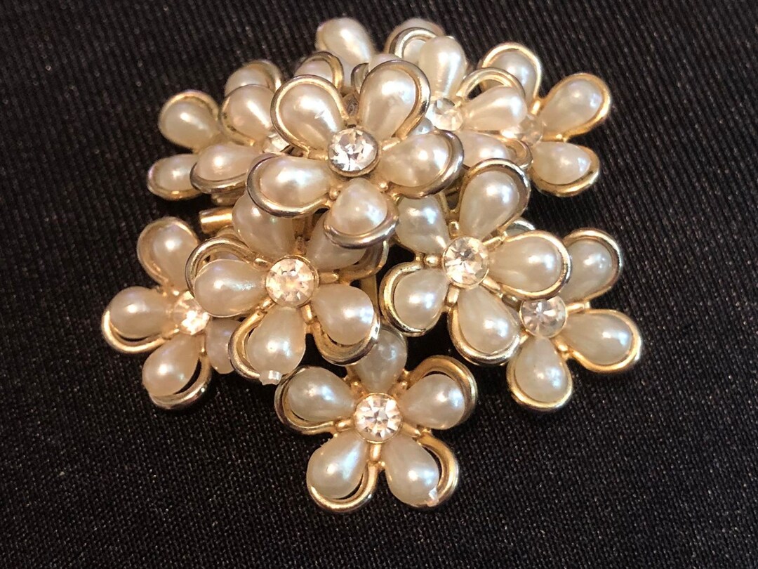 Vintage Coro Brooch Faux Pearl Flowers Rhinestone Centers Layered Dome ...