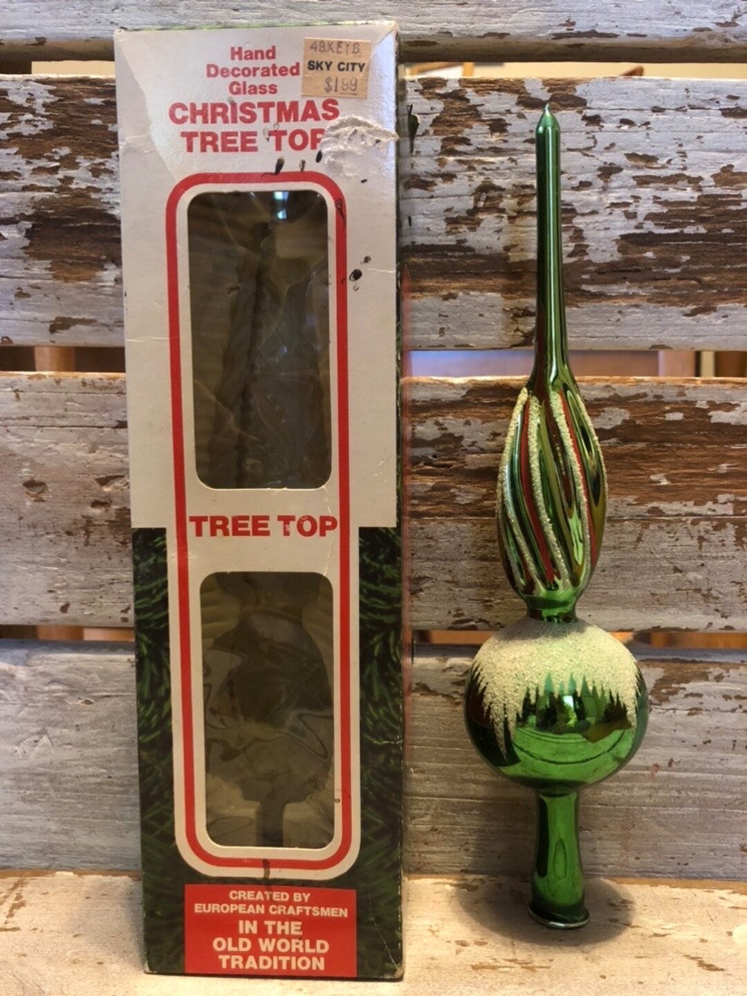 Vintage Commodore Tree Topper Green & Red With Glittery White Made in ...