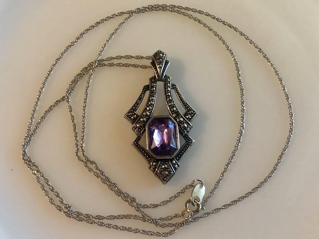 Vintage Avon Faux Amethyst Marcasite Pendant Necklace Victorian Style ...
