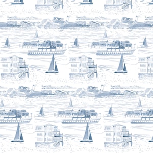 Cape Cod Wallpaper | Coastal Toile Wallcovering | Custom Town & Color Match - Etsy