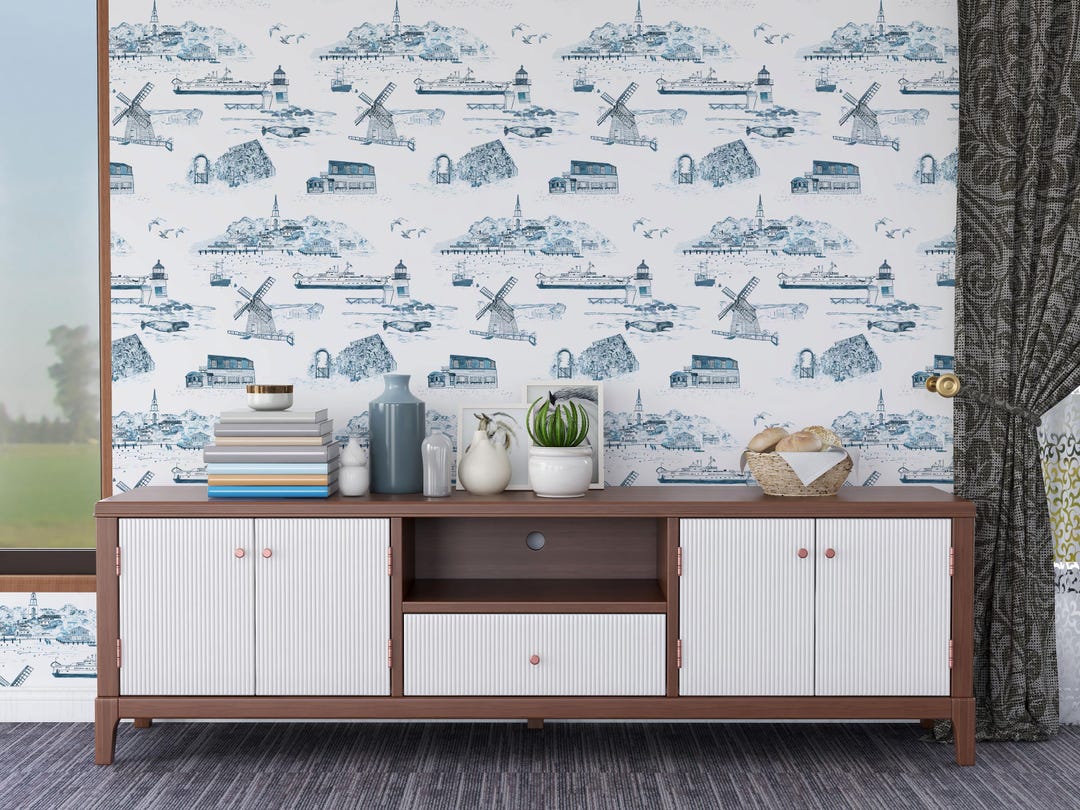 Nantucket, Cape Cod Toile Wallpaper | Peel and Stick, Pasted ...