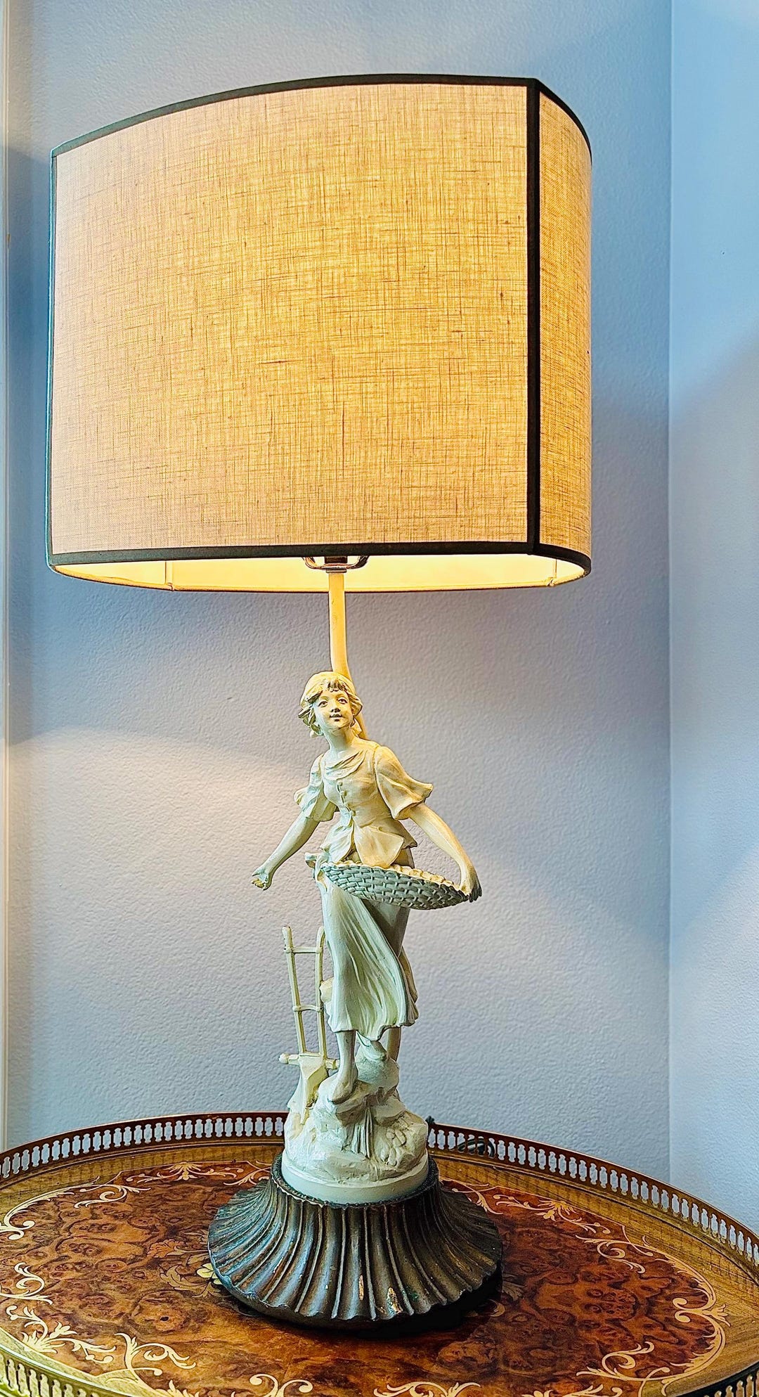 Antique JB Hirsch Spelter Lamp of French Peasant Girl With Custom Shade ...