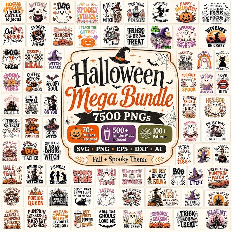 7500+ Halloween Mega SVG PNG Bundle, Funny Spooky Vibes Png, Cute Retro ...