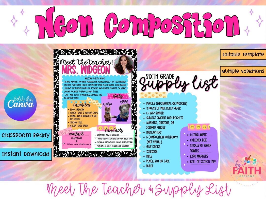 Editable Meet the Teacher & Supply List Template | Neon Composition ...