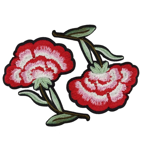 Iron On Embroidered Red Flowers Roses Patches Appliques 2 Pcs Etsy