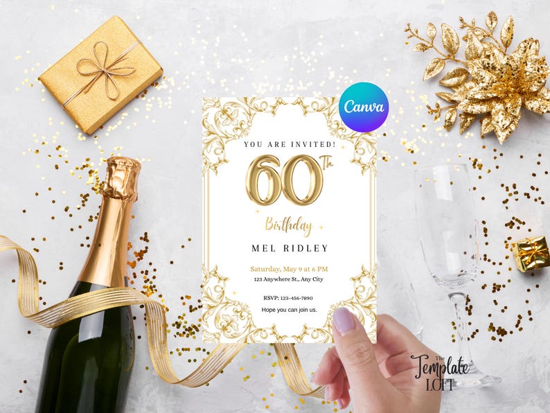 60th Birthday Invitation, Gold Floral Border, Elegant Gold 60th Party ...
