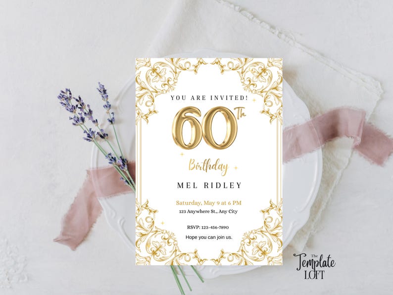 60th Birthday Invitation, Gold Floral Border, Elegant Gold 60th Party ...