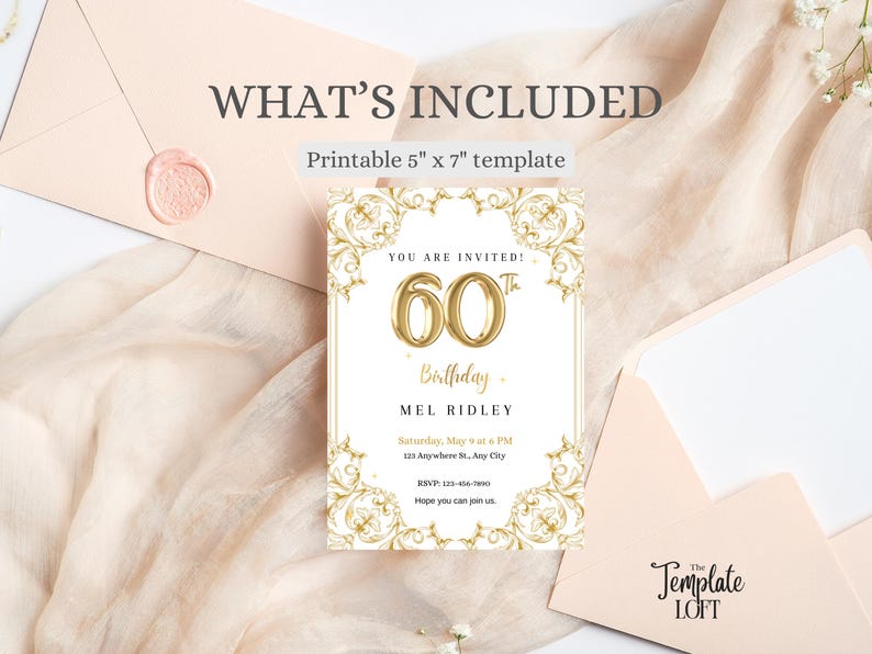 60th Birthday Invitation, Gold Floral Border, Elegant Gold 60th Party ...
