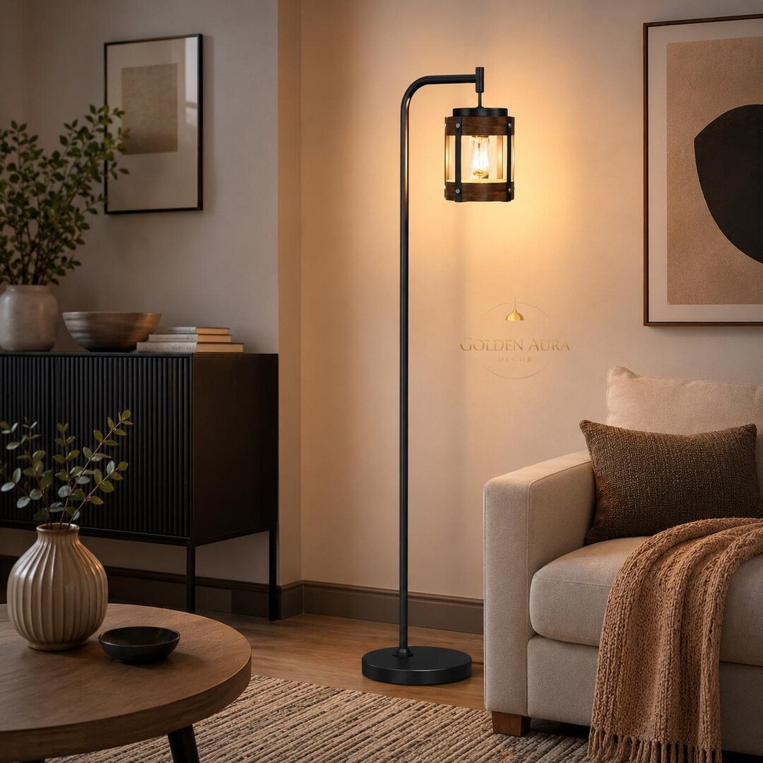 Industrial Wood Metal Floor Lamp, Rustic Farmhouse Standing Light for ...