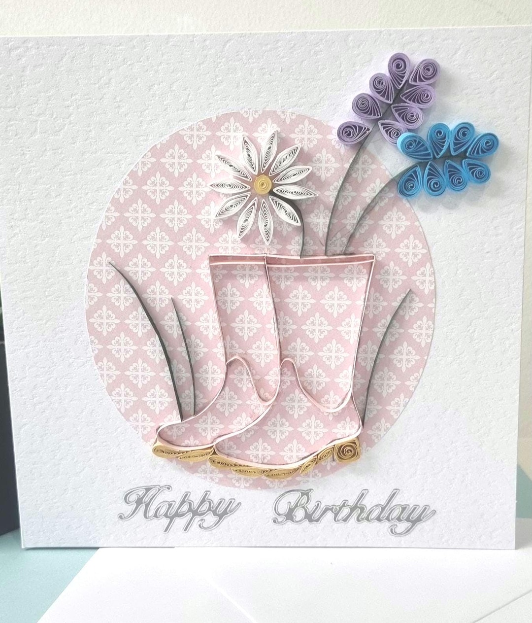 Handmade Quilled Wellies Birthday Card, 3D Paper Flower Greeting Card ...