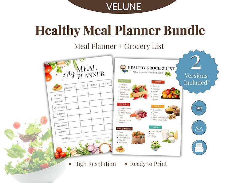 Healthy Meal Planner Bundle, Weekly Grocery List, Clean Eating (PDF) - Etsy