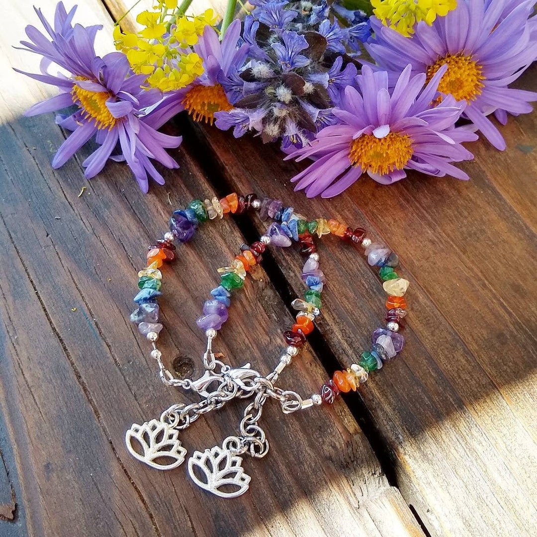 Rainbow and Silver Lotus Flower Charm Bracelet, Jewelry for Women, Free ...