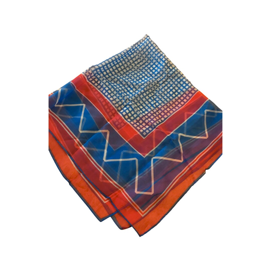 Vintage Sheer Blue and Red Scarf, Light Weight Thin Neck Scarf, Spring ...