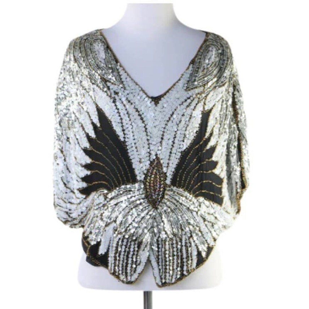 Vintage Black and White Silk Butterfly Top With Multi-color Beading ...