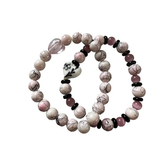 Pair of Pink and Black Glass Heart Beaded Stretch Bra… - Gem