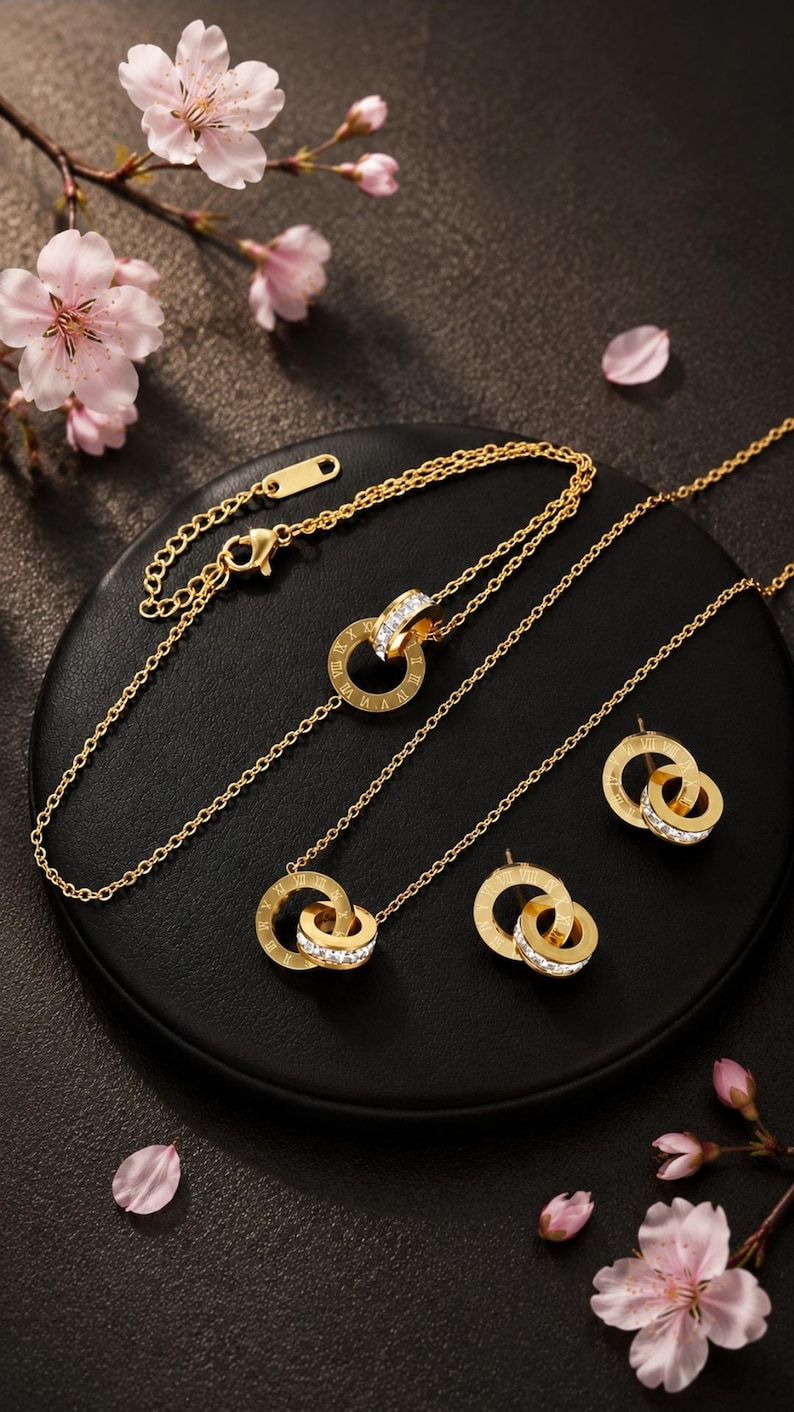 Estelle Roman Numeral Jewelry Set | Gold Zirconia Necklace, Bracelet ...