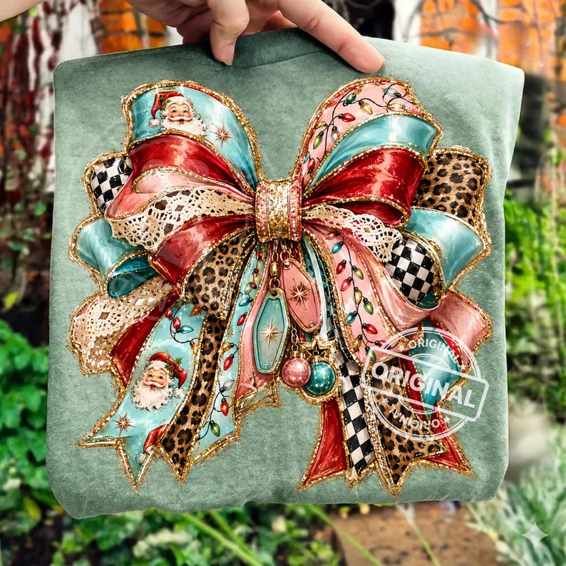 Christmas Coquette Bow PNG, Leopard Checker Glitter Santa, Xmas Lights ...
