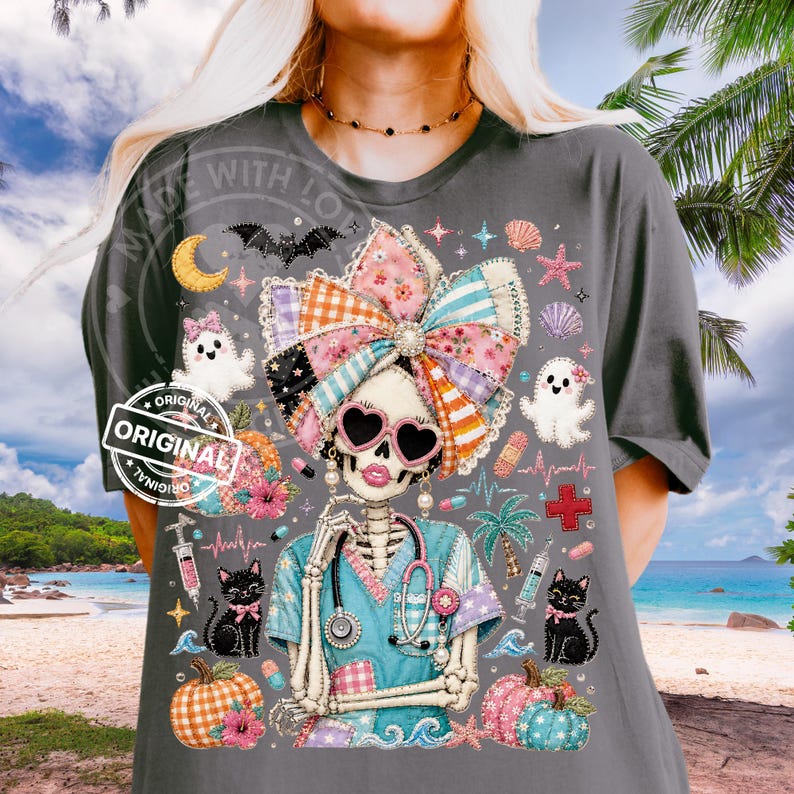 Summerween Nurse Skeleton PNG, Coquette Patchwork Bow, Ghost Pumpkin ...