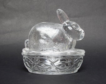 Vintage Pink Glass Bunny Candy Dish Rabbit on Nest Treat Jar Bunny ...