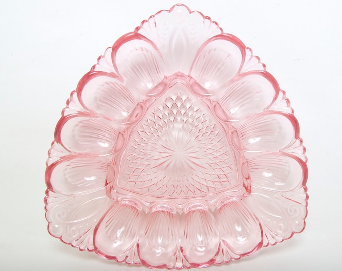 Vintage Pink Glass Deviled Egg Server Triangle Shaped Rose Blush Serving Plate Egg Platter L E ...