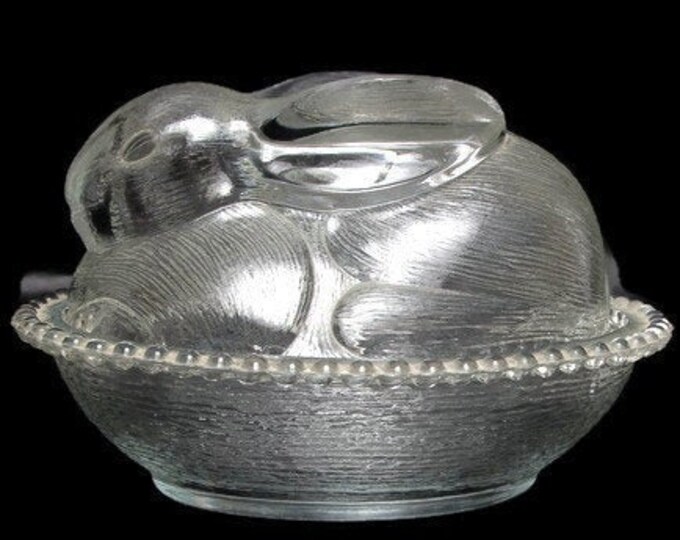 Vintage Indiana Glass Rabbit on Nest Clear Pressed Glass Bunny Covered ...