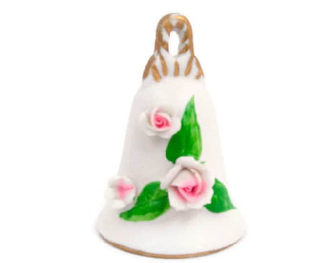 Vintage Pink Roses Porcelain Bell Applied Roses Bisque Stone Clapper ...