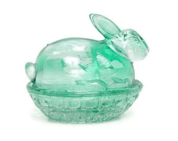 Vintage Green Flash Glass Bunny Candy Dish Rabbit on Nest Treat Jar ...