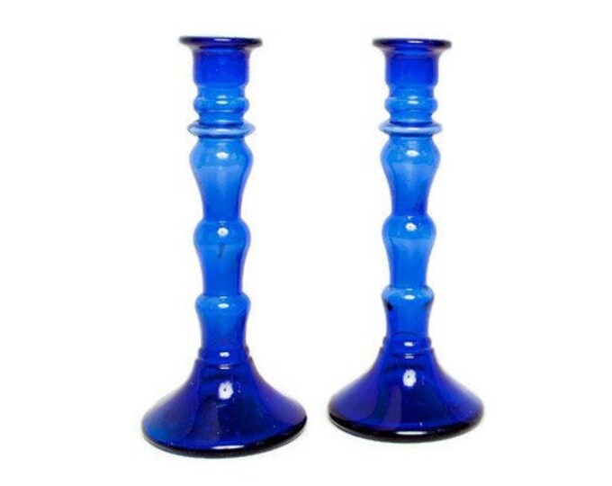 Vintage Cobalt Blue Glass Candlesticks - Ornate Candle Holders ...