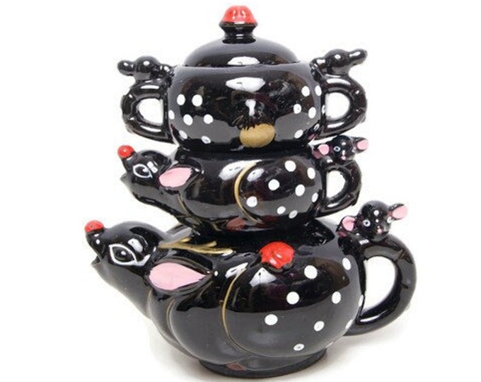 Vintage Japan Redware Stacking Deer Teapot Creamer Sugar 4 Piece Tea ...