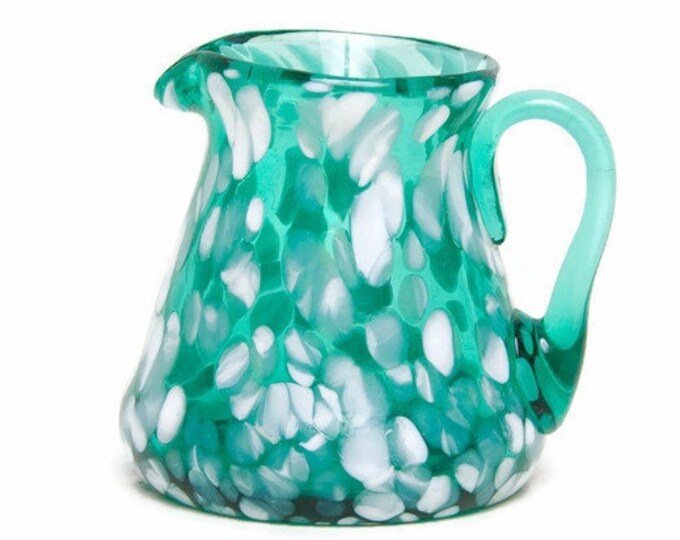 Vintage Turquoise Glass Creamer White Splatter Pinched Spout Rainbow ...
