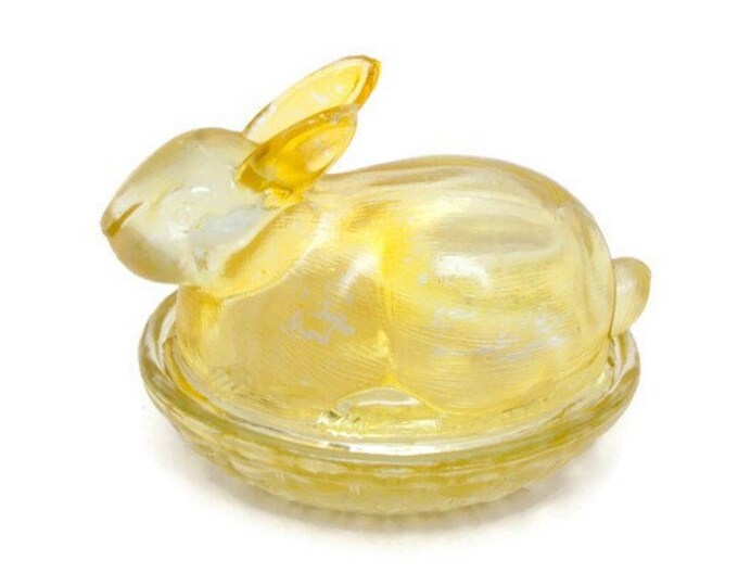 Vintage Yellow Glass Bunny Candy Dish Rabbit on Nest Treat Jar Bunny ...