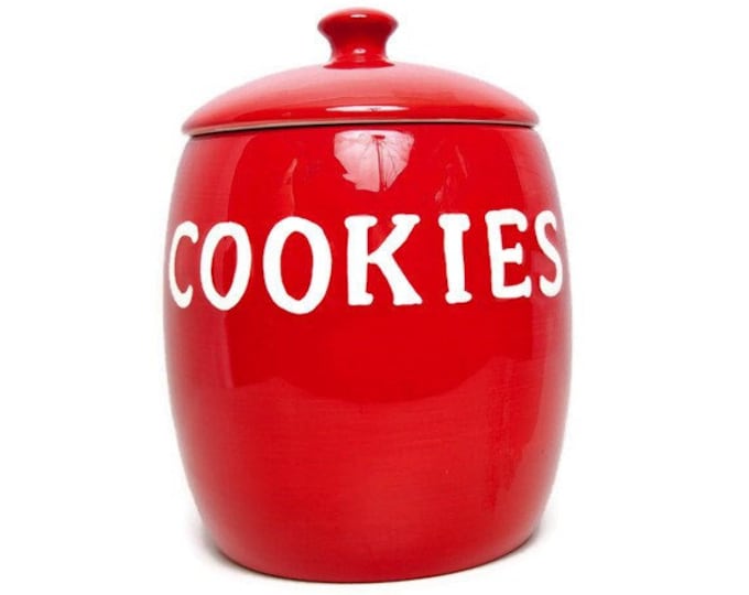 Vintage Red Cookie Jar White Letters ESPANA Lifestyle Hand Crafted ...